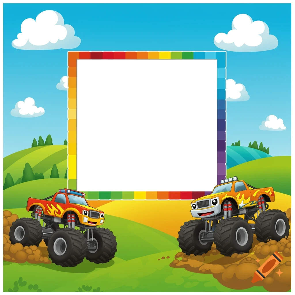 Cartoon monster trucks in a landscape with a colorful photo frame. on ...