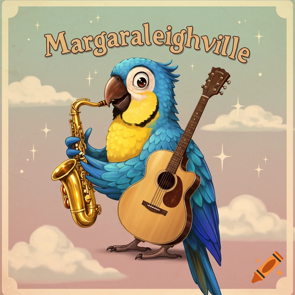 Parrot playing saxophone and guitar with 'Margaraleighville' text on ...