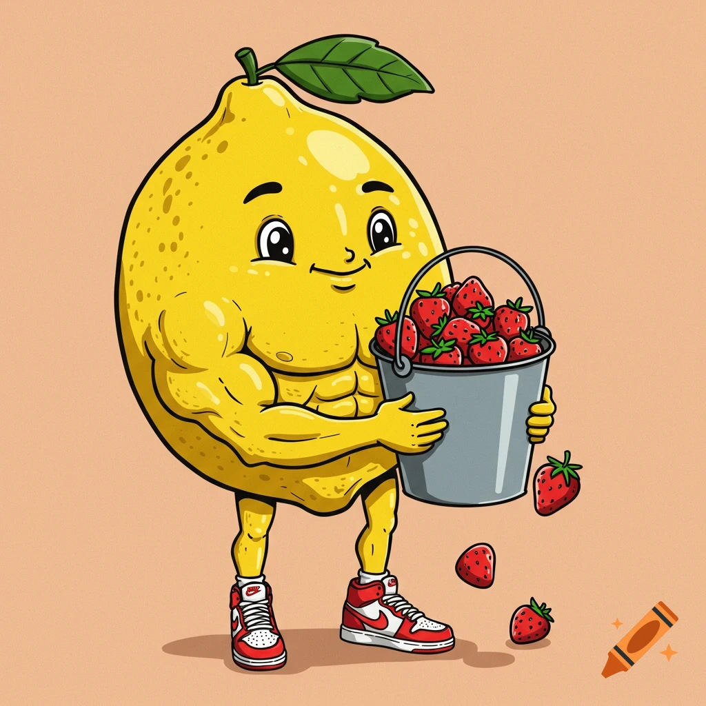 Cartoon muscular lemon character holding a bucket of strawberries and ...