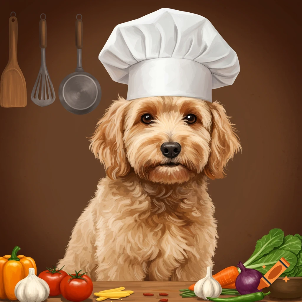 Goldendoodle wearing a chef's hat on Craiyon
