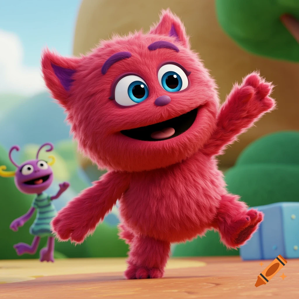 Cute red furry monster puppet from a kids' TV show on Craiyon