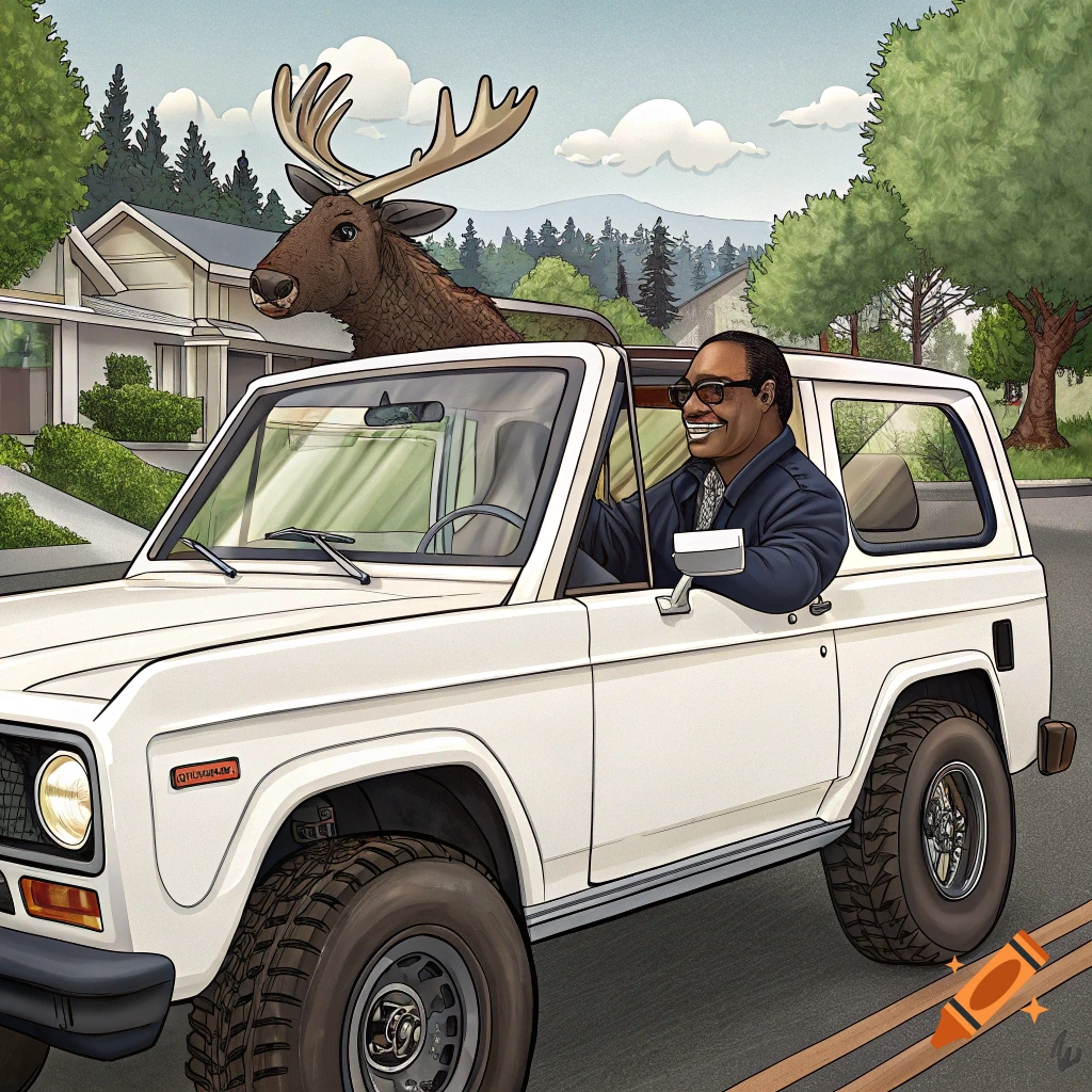 Cartoon illustration of a man and a moose riding in a white SUV on a ...
