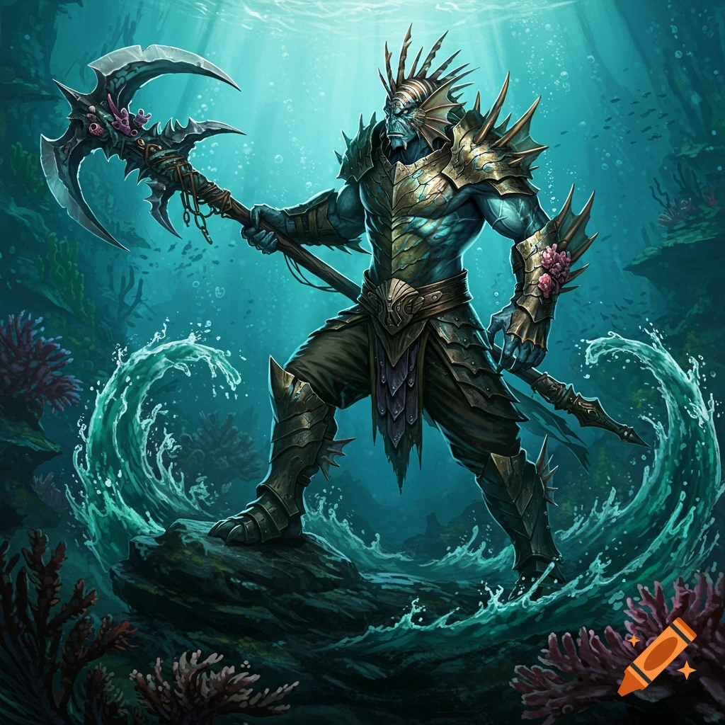 Simic hybrid warrior with lionfish spines and sea-themed halberd on Craiyon