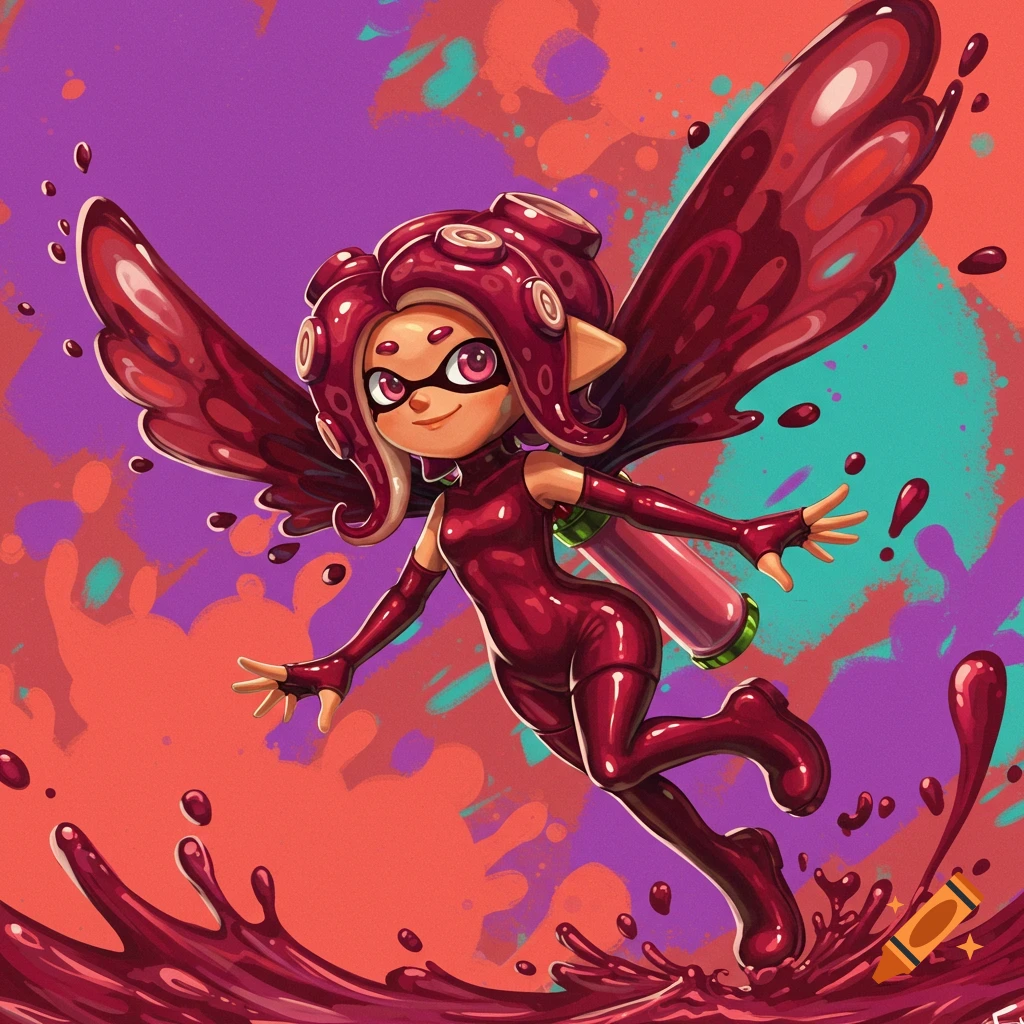 Flying Splatoon Octoling character with red wings and suit, surrounded ...