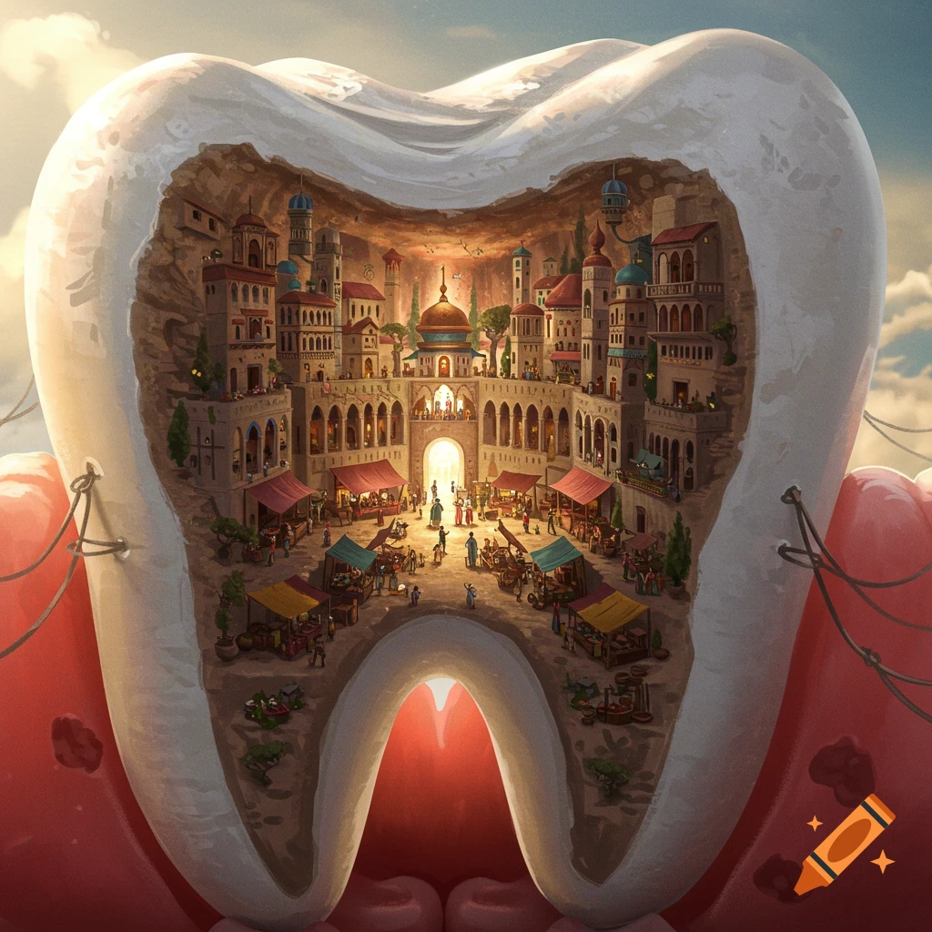 A tiny explorer stands on a tooth inside a giant open mouth. on Craiyon