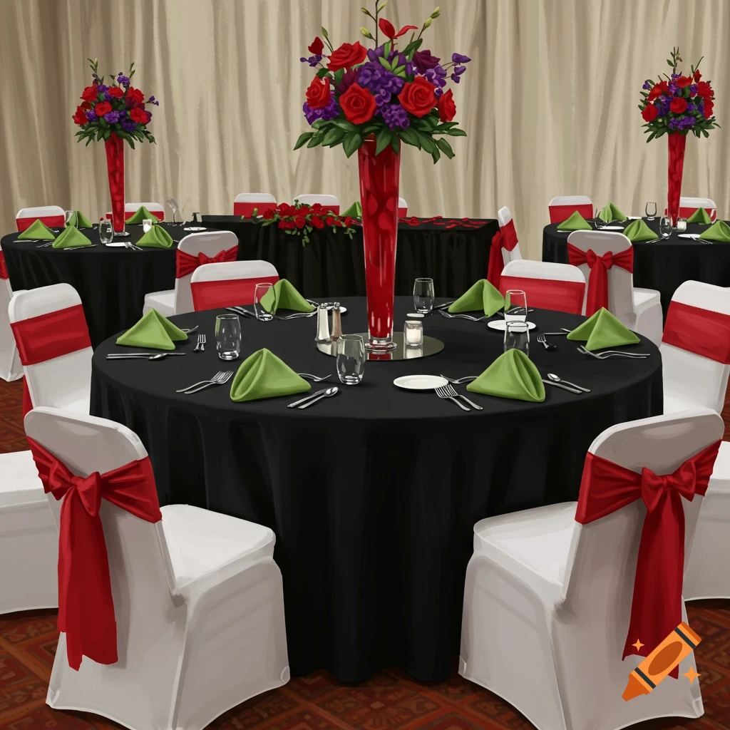 Wedding table setting with black cloth, red chairs, green napkins, and ...