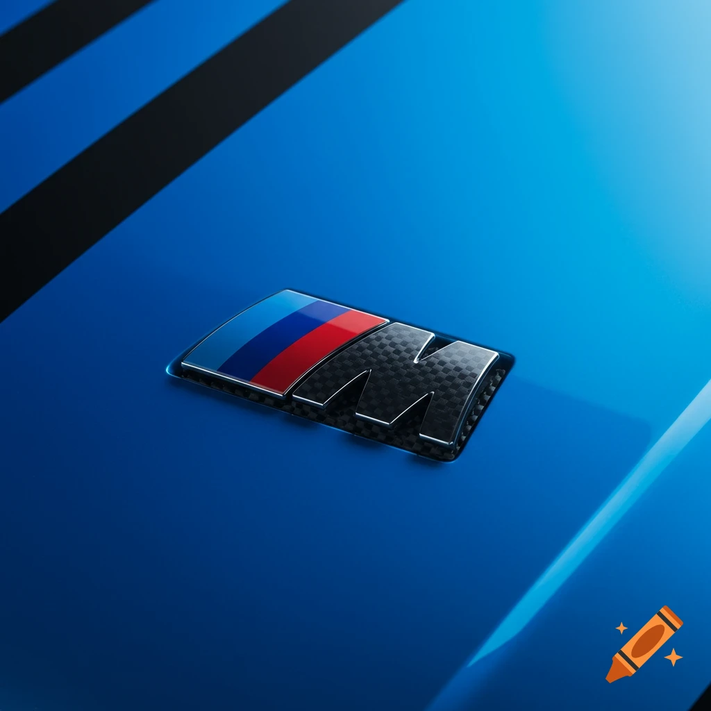 Close-up of a BMW M logo on a blue surface with black stripes. on Craiyon
