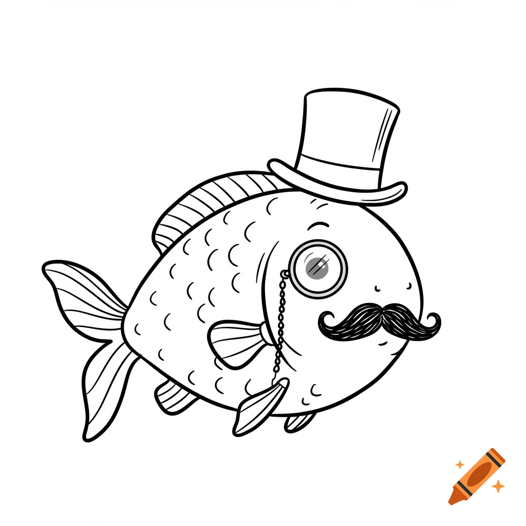 A simple drawing of a fish wearing a top hat, monocle, and mustache on ...
