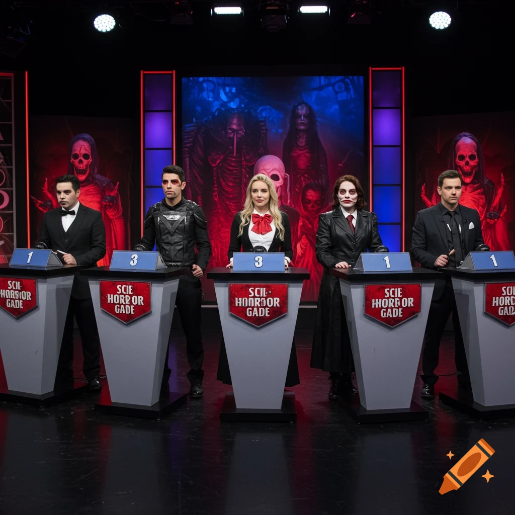 Cartoon game show featuring sci-fi and horror characters on Craiyon