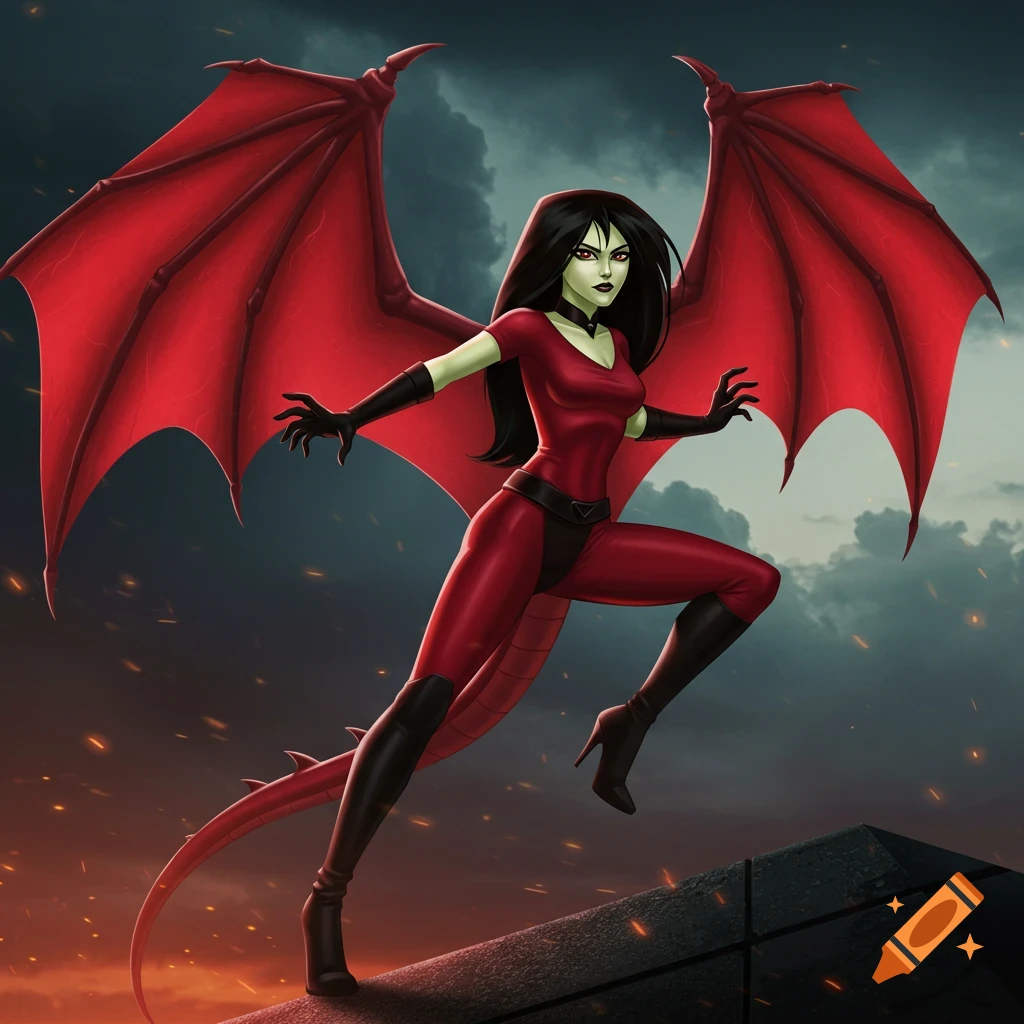 Shego with red leggings, black boots, red shirt, and dragon wings on ...