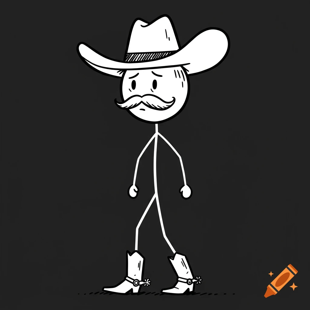 A stick figure cowboy with a hat and boots walks forward. on Craiyon