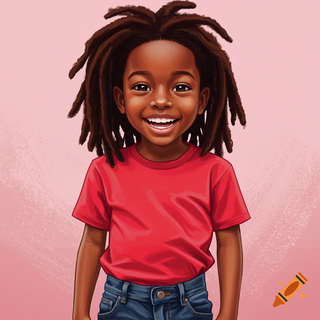 A young Black boy with dreadlocks smiles, wearing a red t-shirt and ...