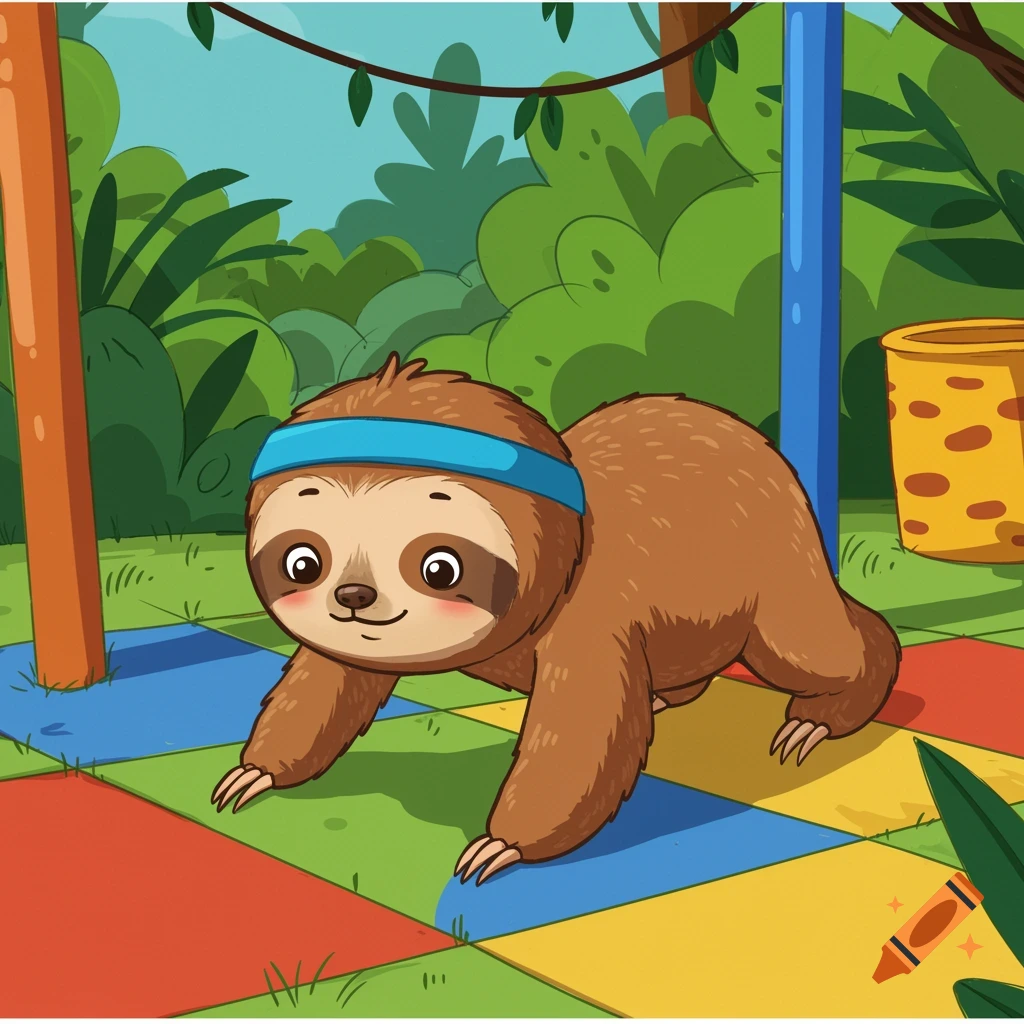 Cute cartoon sloth with blue headband doing push-up, comic book style on Craiyon
