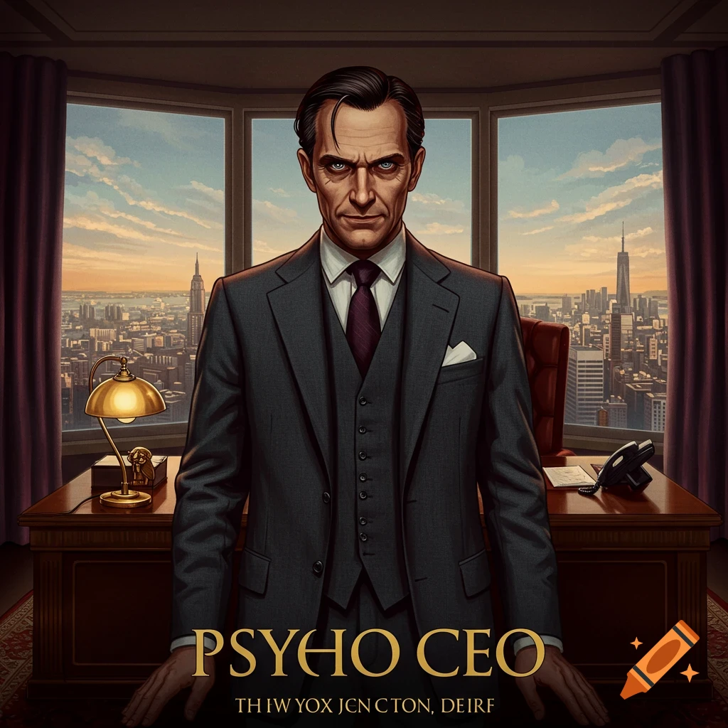 A stern man in a suit sits at a desk overlooking a city skyline, with ...