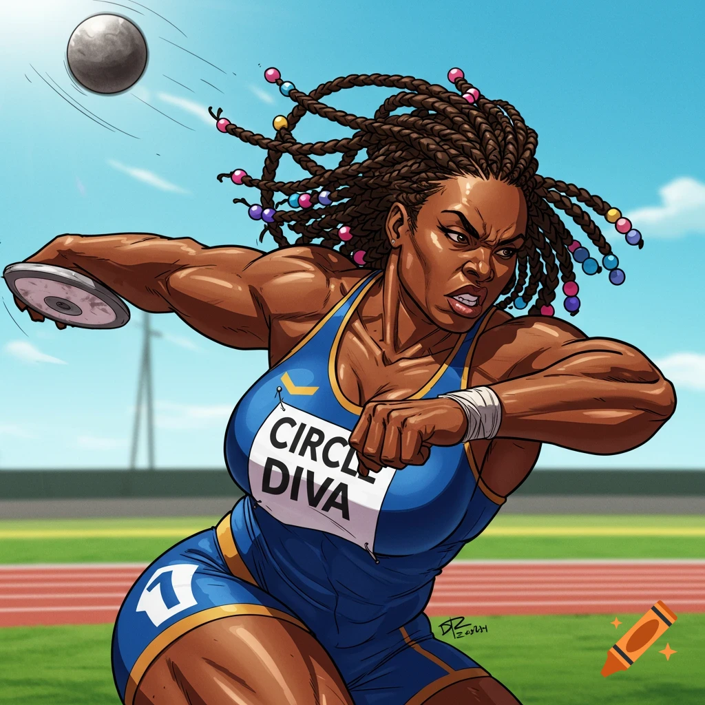 Muscular female athlete throwing discus on track field. on Craiyon