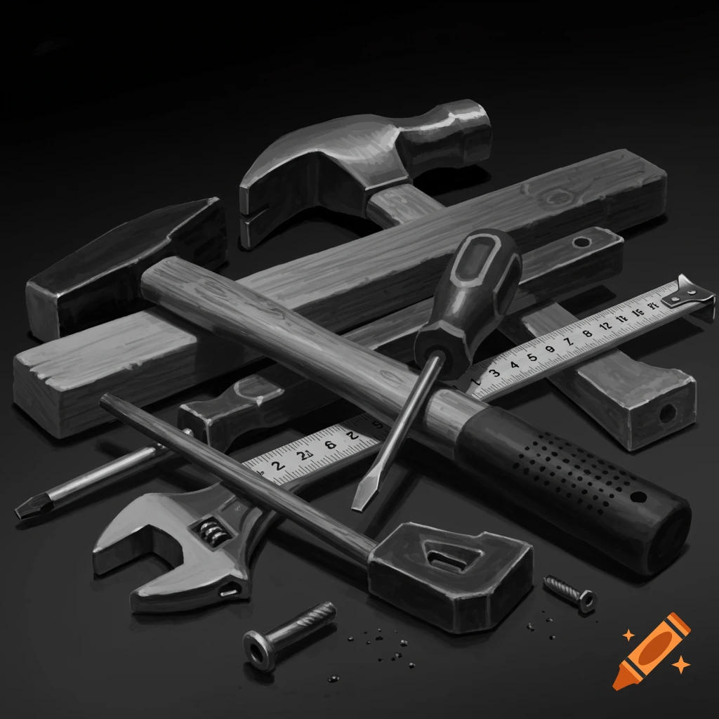 A pile of various construction tools, including a hammer, screwdriver ...