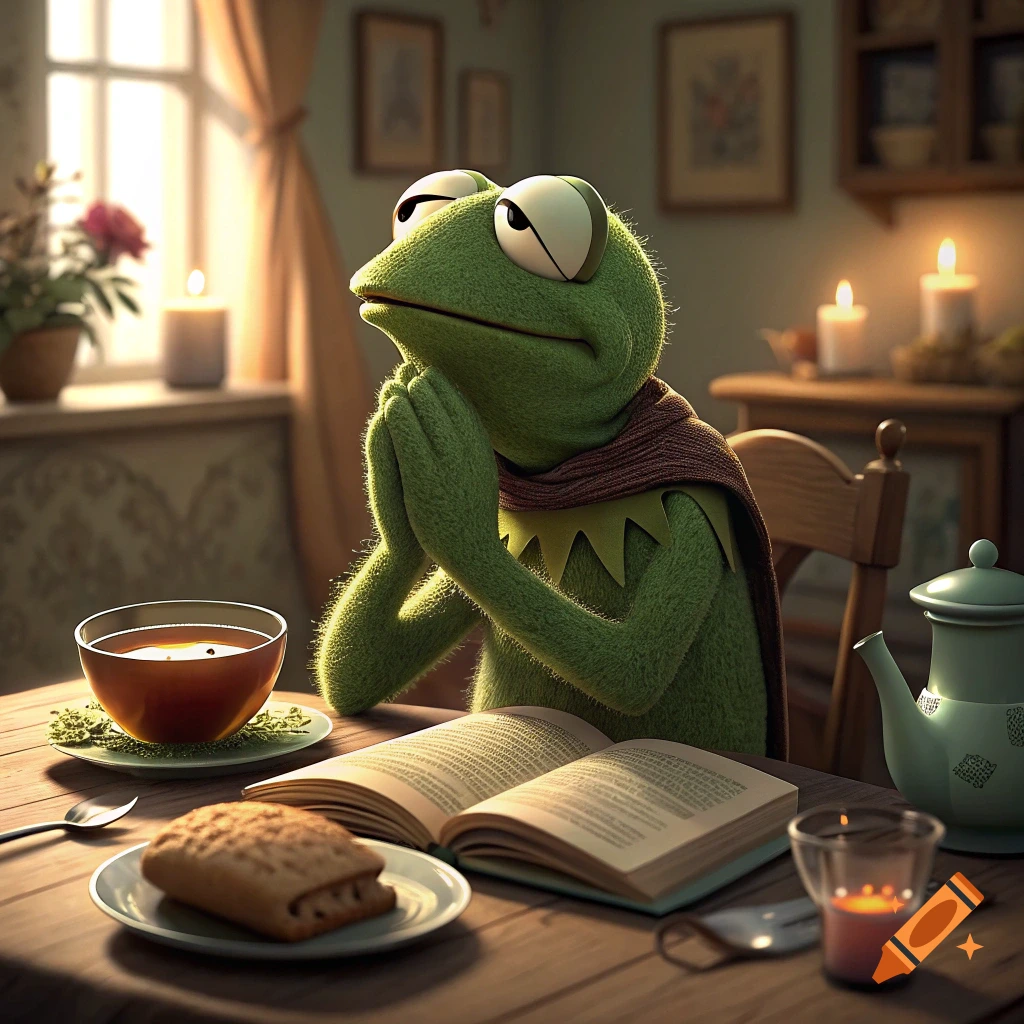Kermit the frog praying at a table with book, glasses, soup, and bread ...