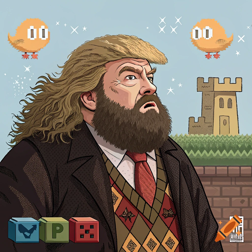 Illustrative portrait of a man resembling Trump as Hagrid in a pixel ...