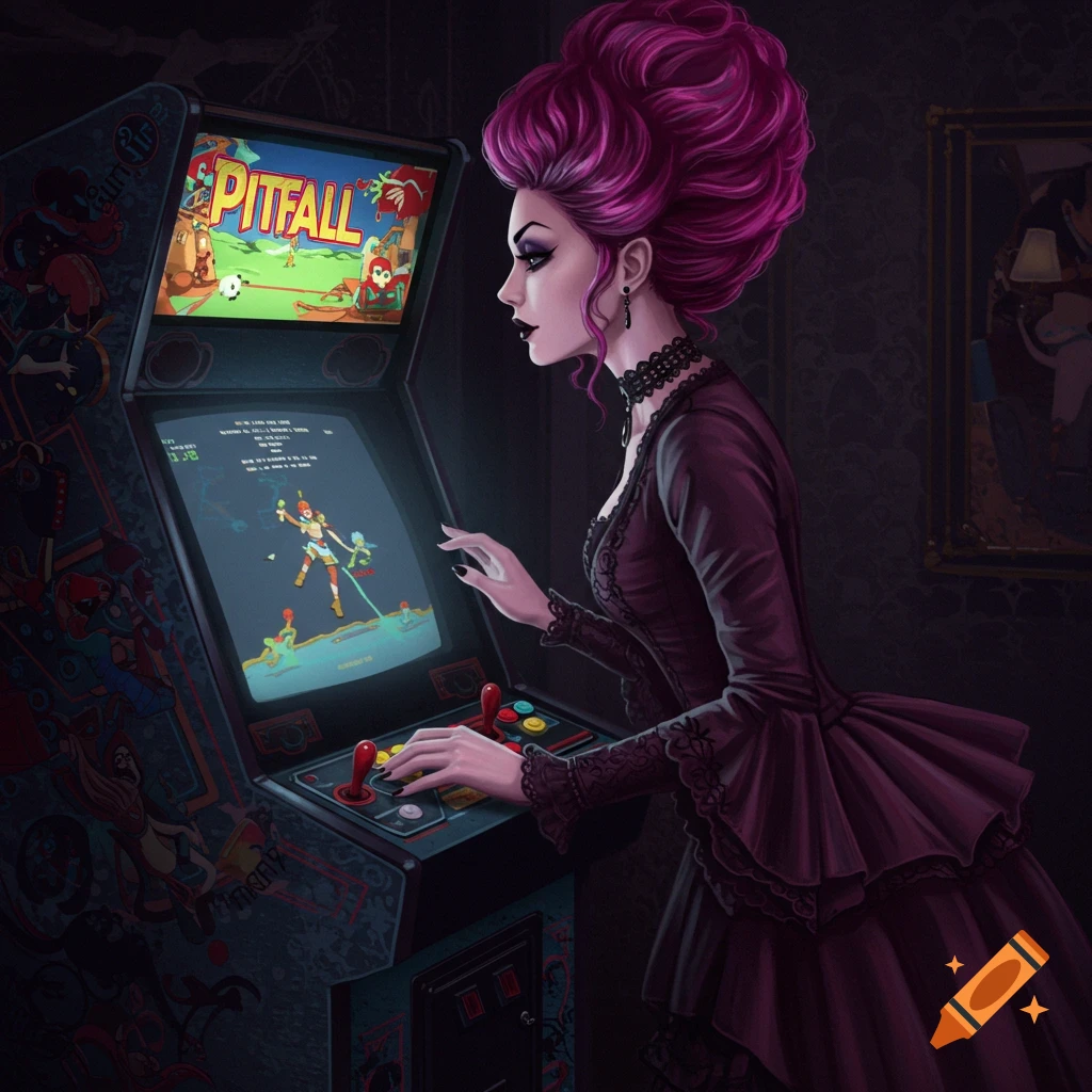 A gothic woman with dark pink hair plays Pitfall on an arcade machine in a dark room. on Craiyon