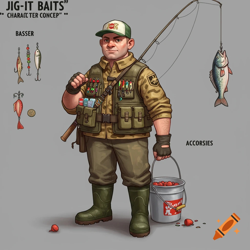 Character concept of a fisherman with gear, lures, bucket of bait, and ...