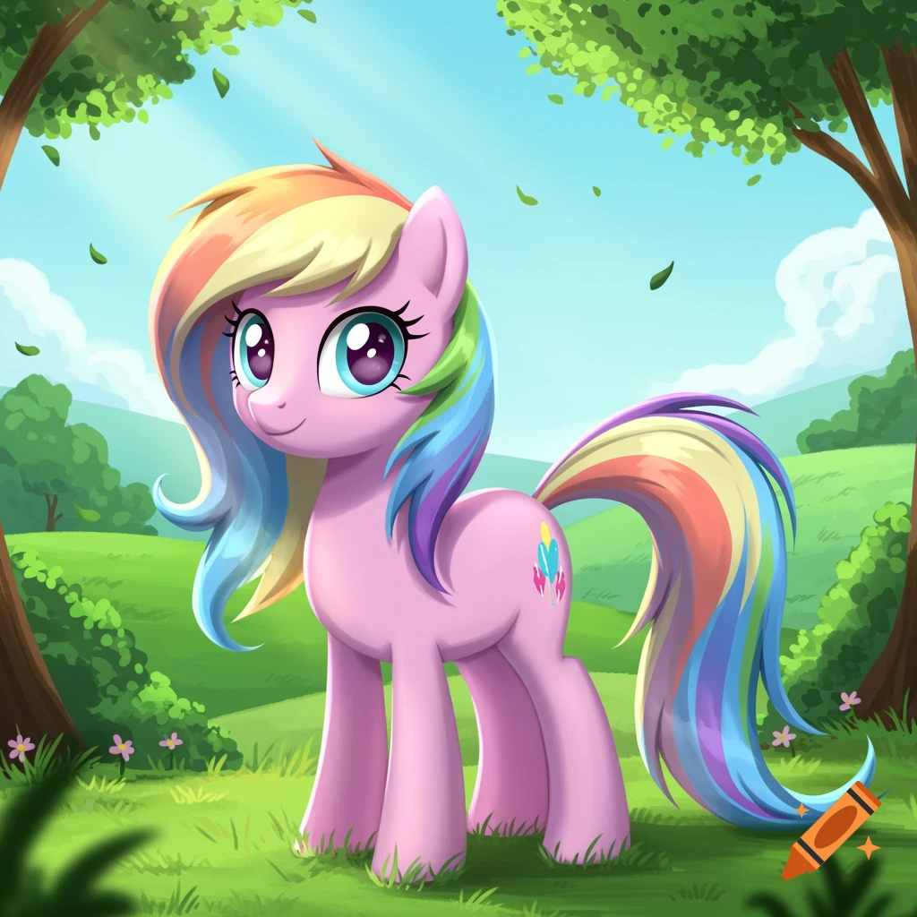 A cartoon pony with a rainbow mane and tail stands in front of a ...