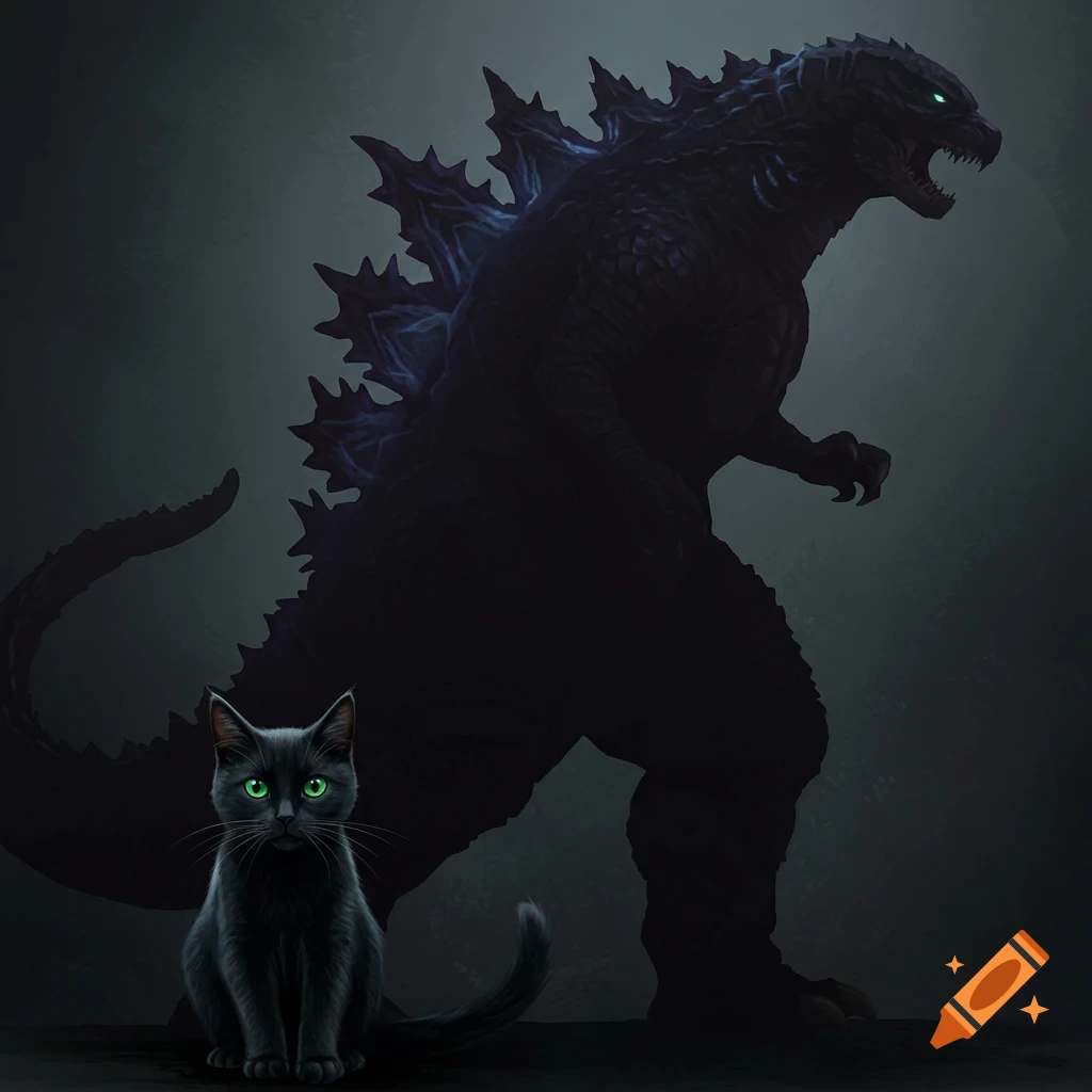 A black cat sits in front of a dark silhouette of Godzilla. on Craiyon