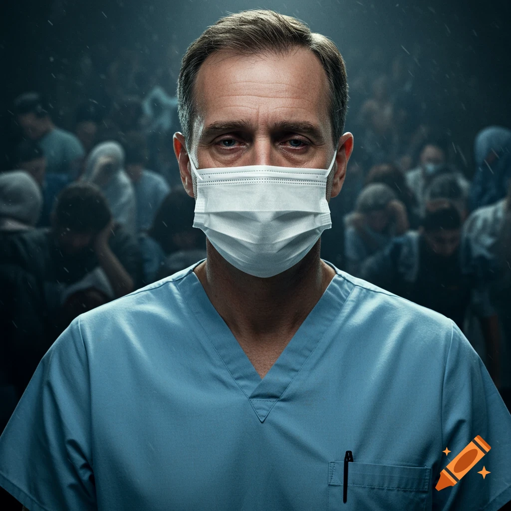 Tired doctor wearing scrubs and mask on Craiyon