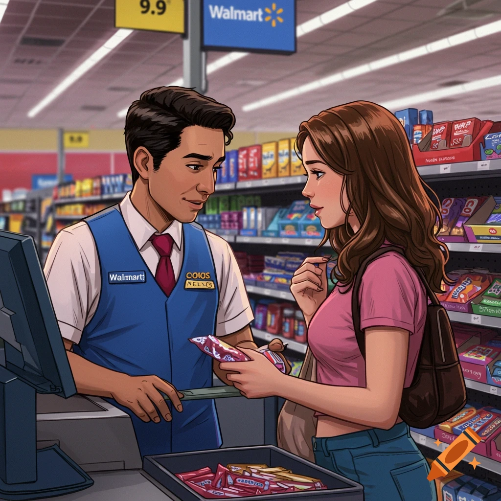 Walmart self-checkout attendant looking at a girl with affection on Craiyon