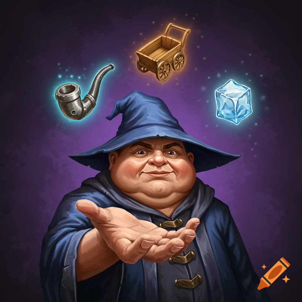 Wizard with talismans: pipe, cart, key, ice cube on Craiyon