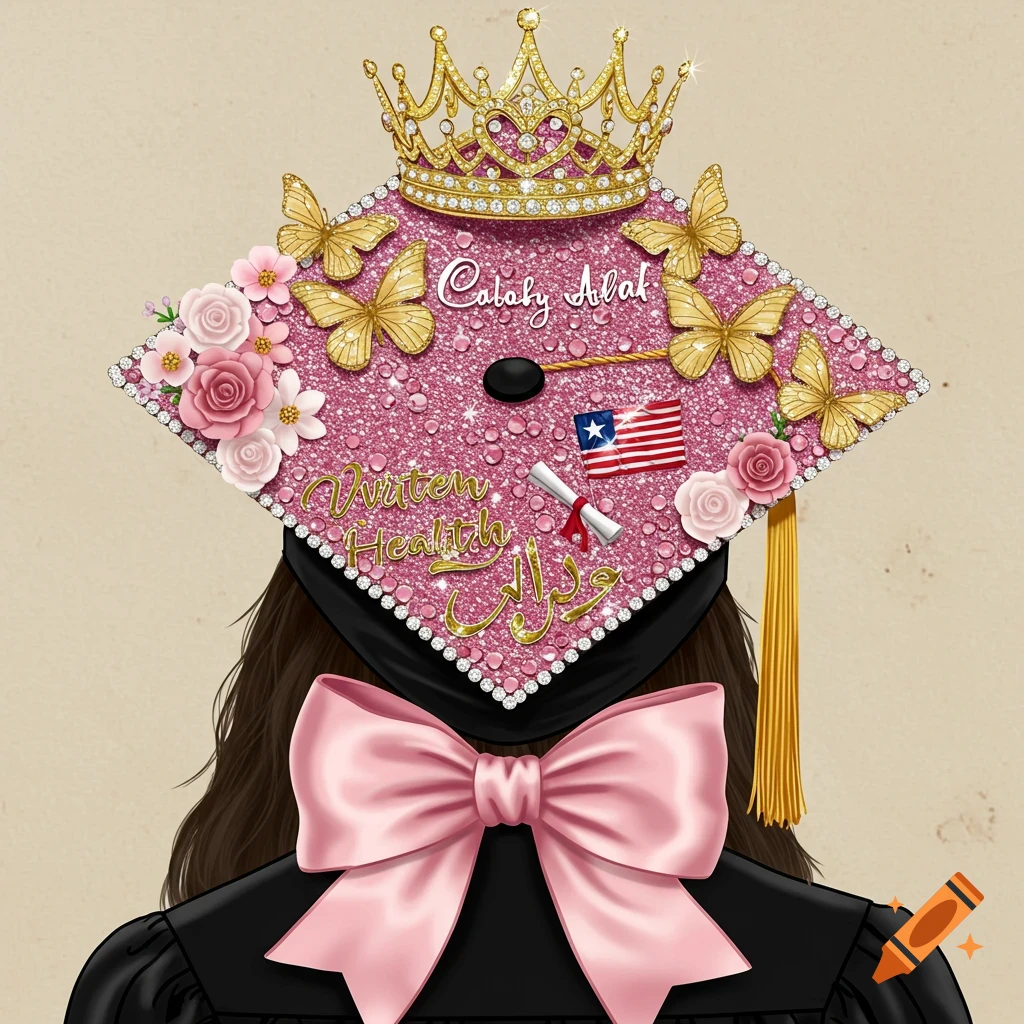 Graduation cap with pink rhinestones, crown, gold butterflies, pink and ...