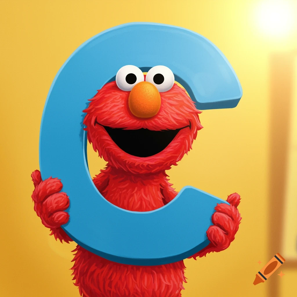 Elmo from Sesame Street holds up a large blue letter C in a cheerful ...