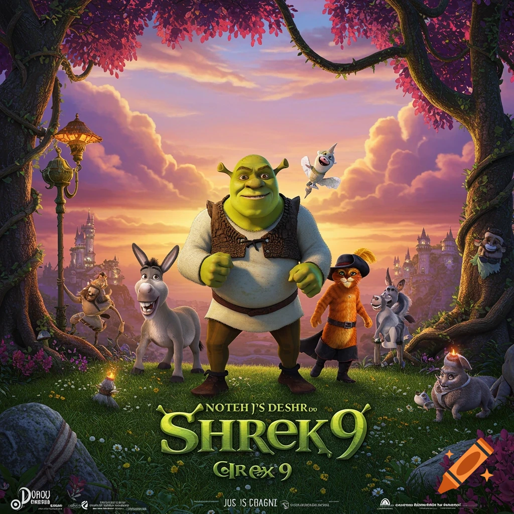 Movie poster of Shrek, Donkey, Puss in Boots, and other characters in a ...