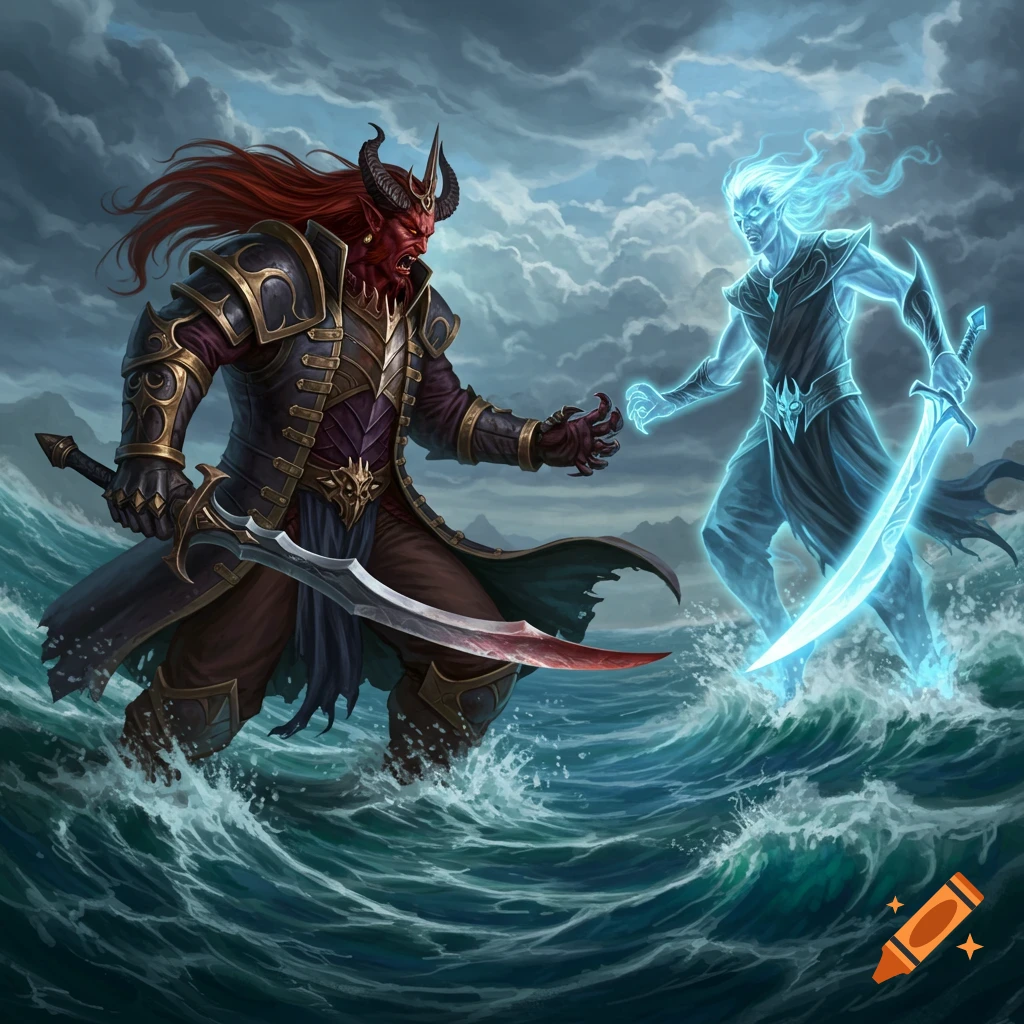 A red demon pirate fights a blue spectral figure with swords in a ...