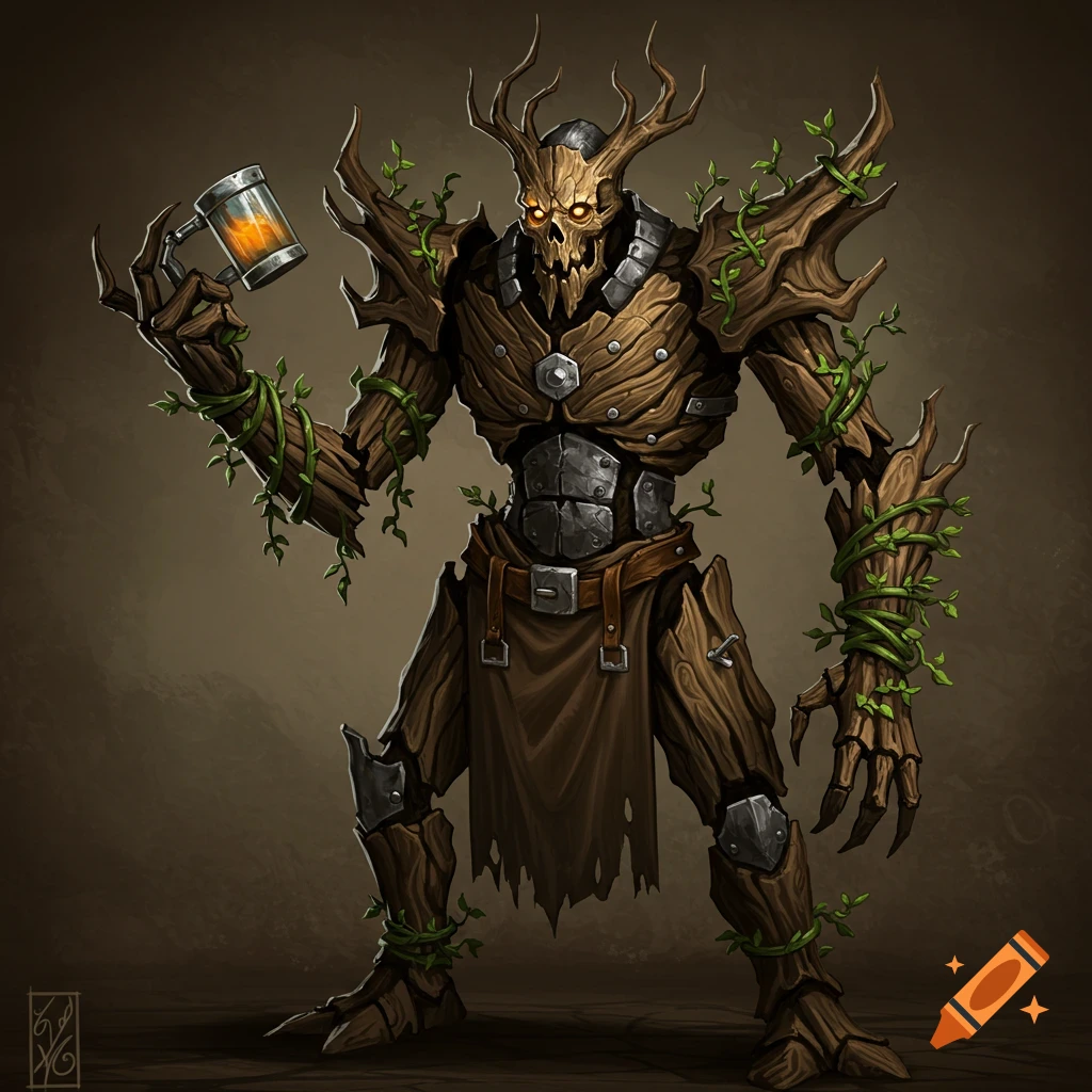 A digital painting of a warforged creature made of twisted wood and ...