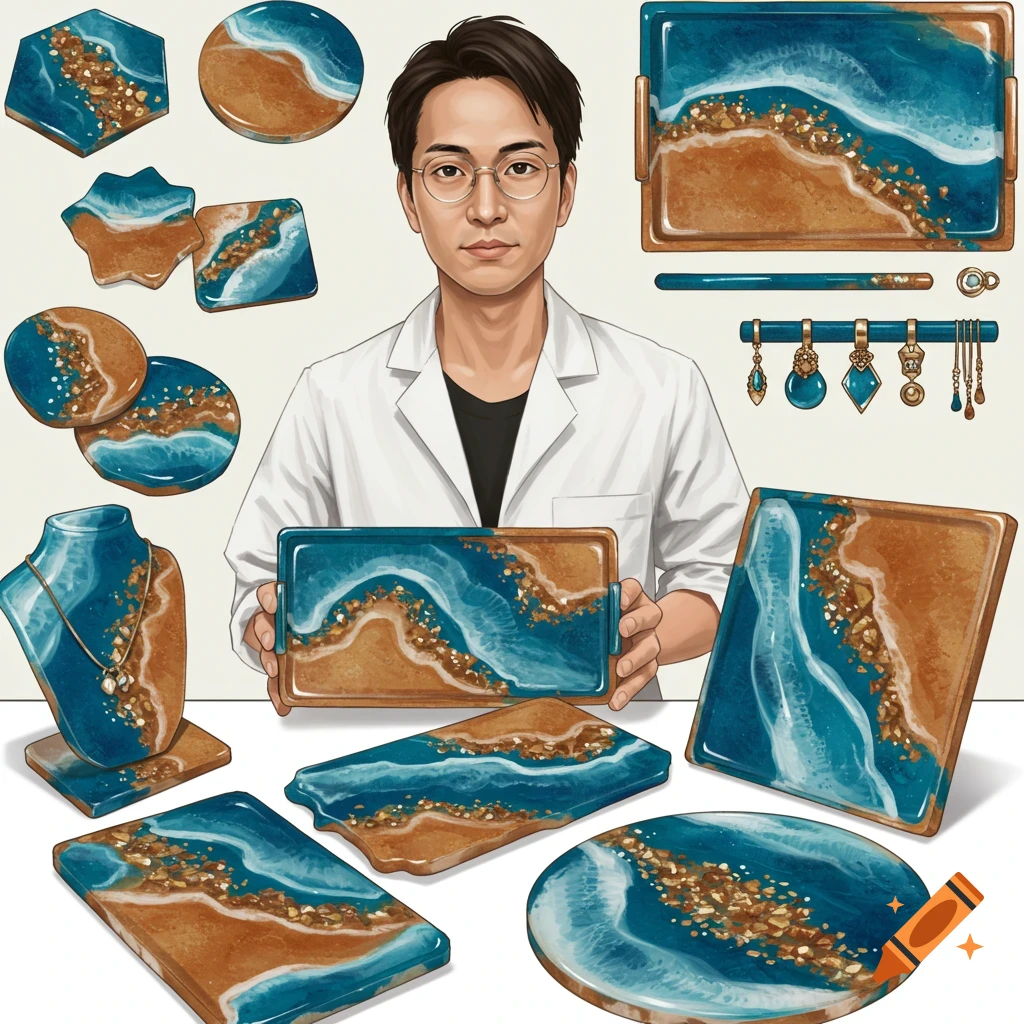 Illustration of a person holding a resin tray, surrounded by various resin art objects. on Craiyon