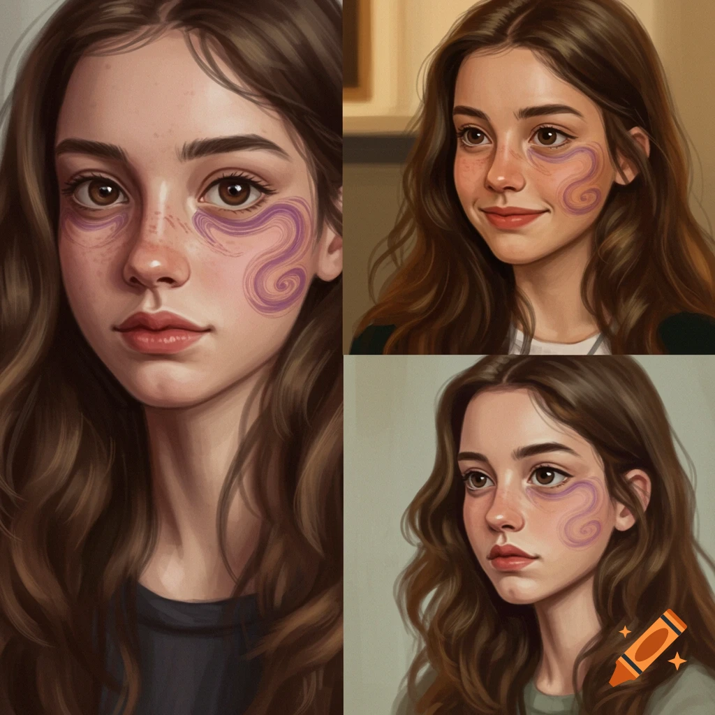 Three portraits of a girl with a purple swirling mark on her cheek. on ...