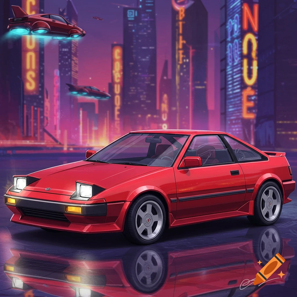 Red retrofuturistic car in a neon-lit cyberpunk city with flying ...