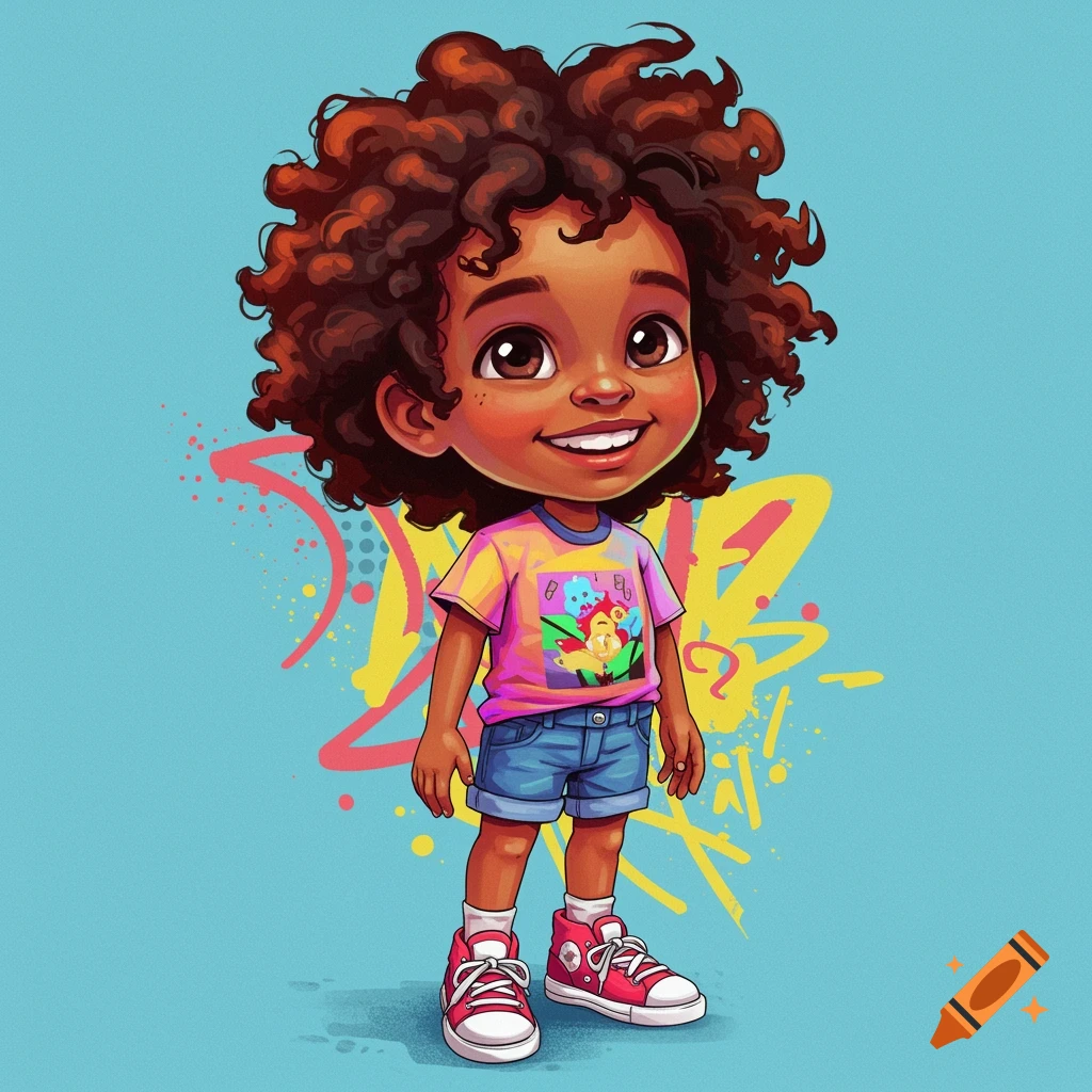 A cartoon child in a vibrant pop art style stands against a blue ...