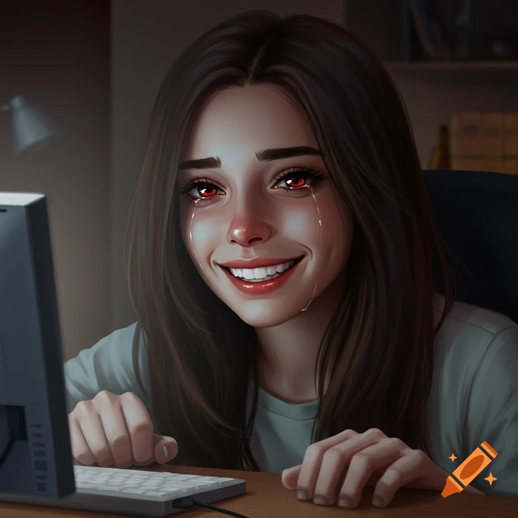 A girl with red eyes is crying while smiling at a computer. on Craiyon