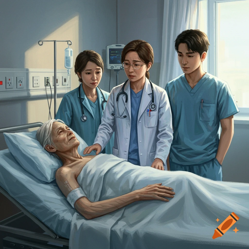 Elderly person in hospital bed, surrounded by medical staff, hand being ...