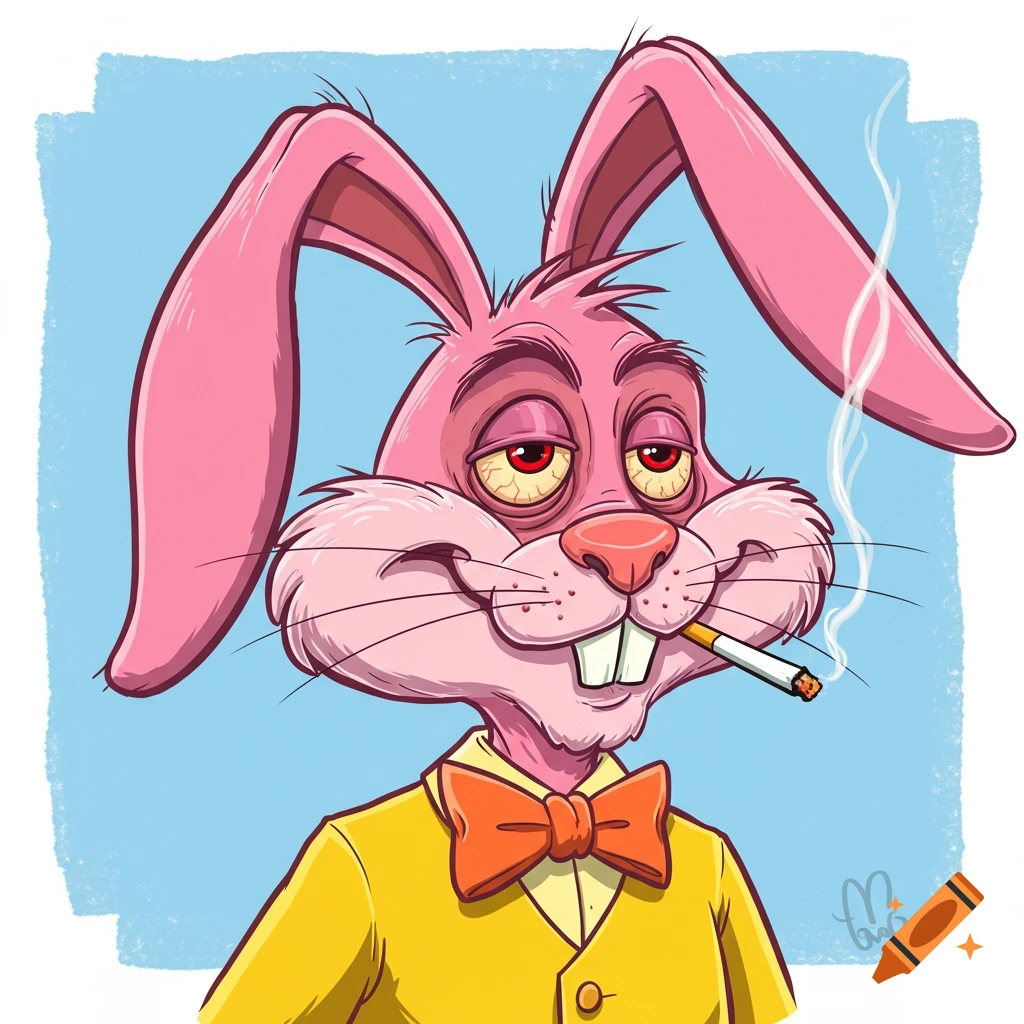 Funny cartoon caricature of an Easter bunny smoking a cigarette on Craiyon