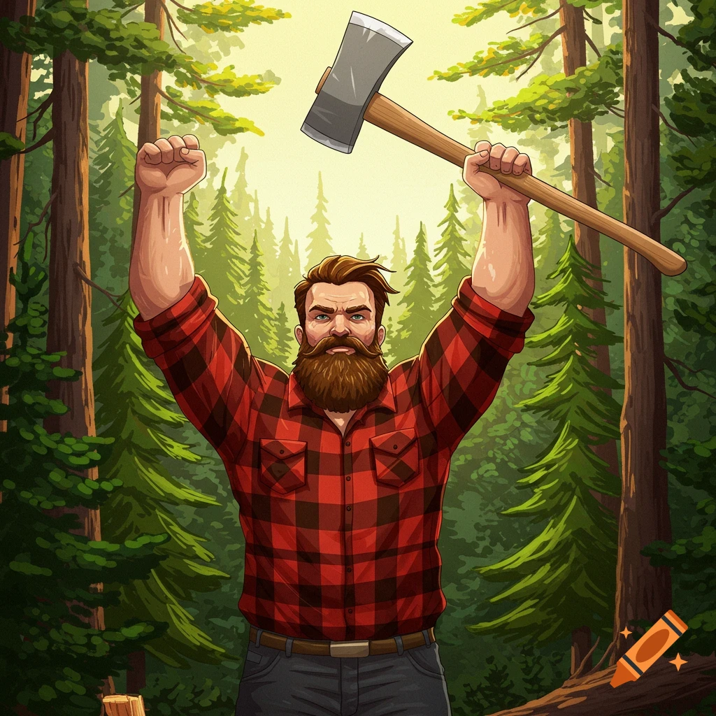 A muscular lumberjack with a beard in a red plaid shirt holds a large ...
