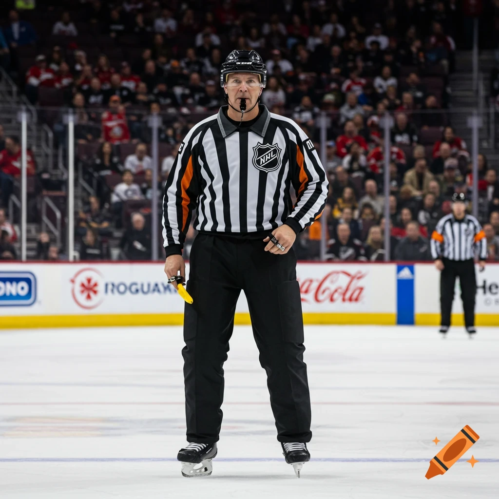 A hockey referee stands on the ice rink during a game. on Craiyon