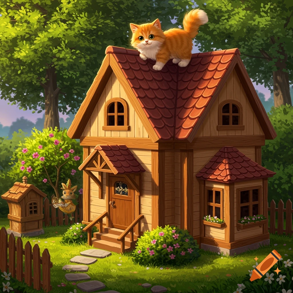 A fluffy ginger cat sits on the roof of a charming dollhouse in a whimsical garden. on Craiyon