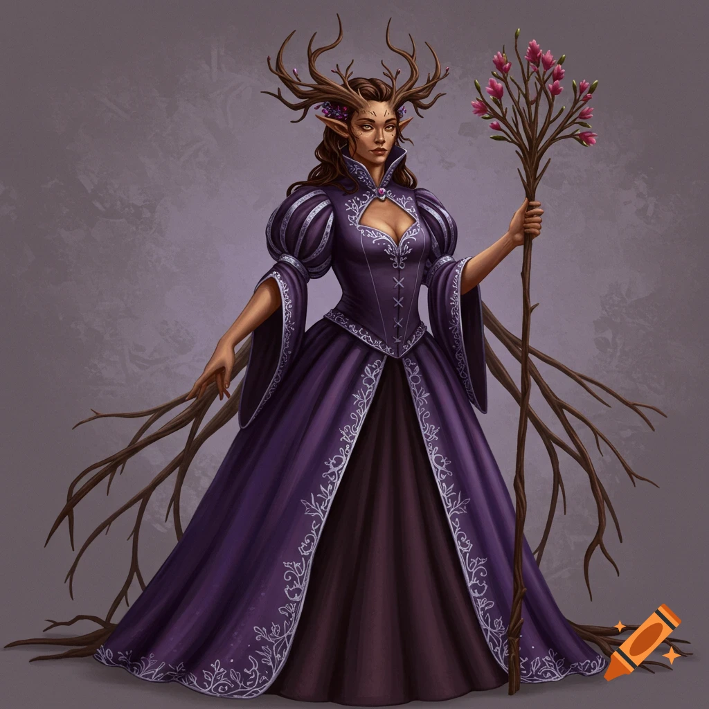 Dryad druid dressed as a noble in a violet gown on Craiyon