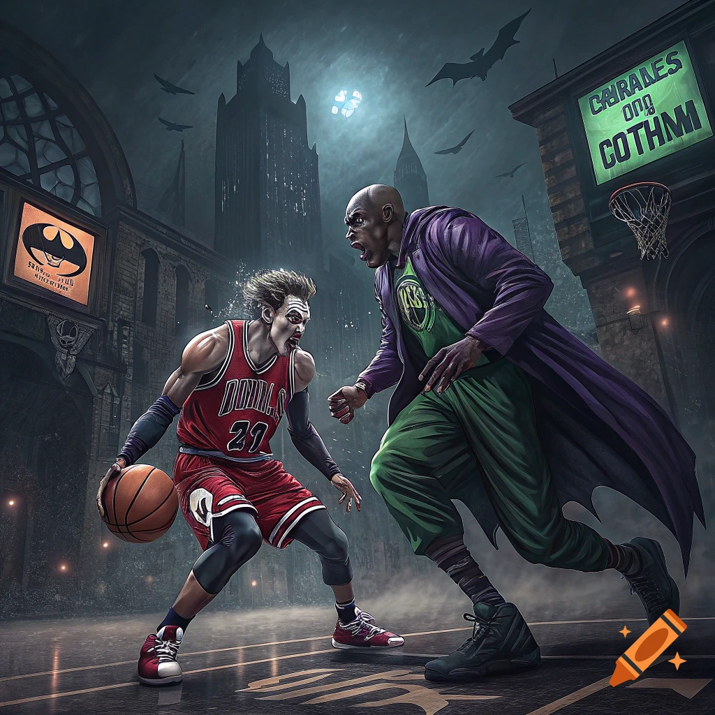 The Joker playing basketball against Michael Jordan on a Gotham-themed ...