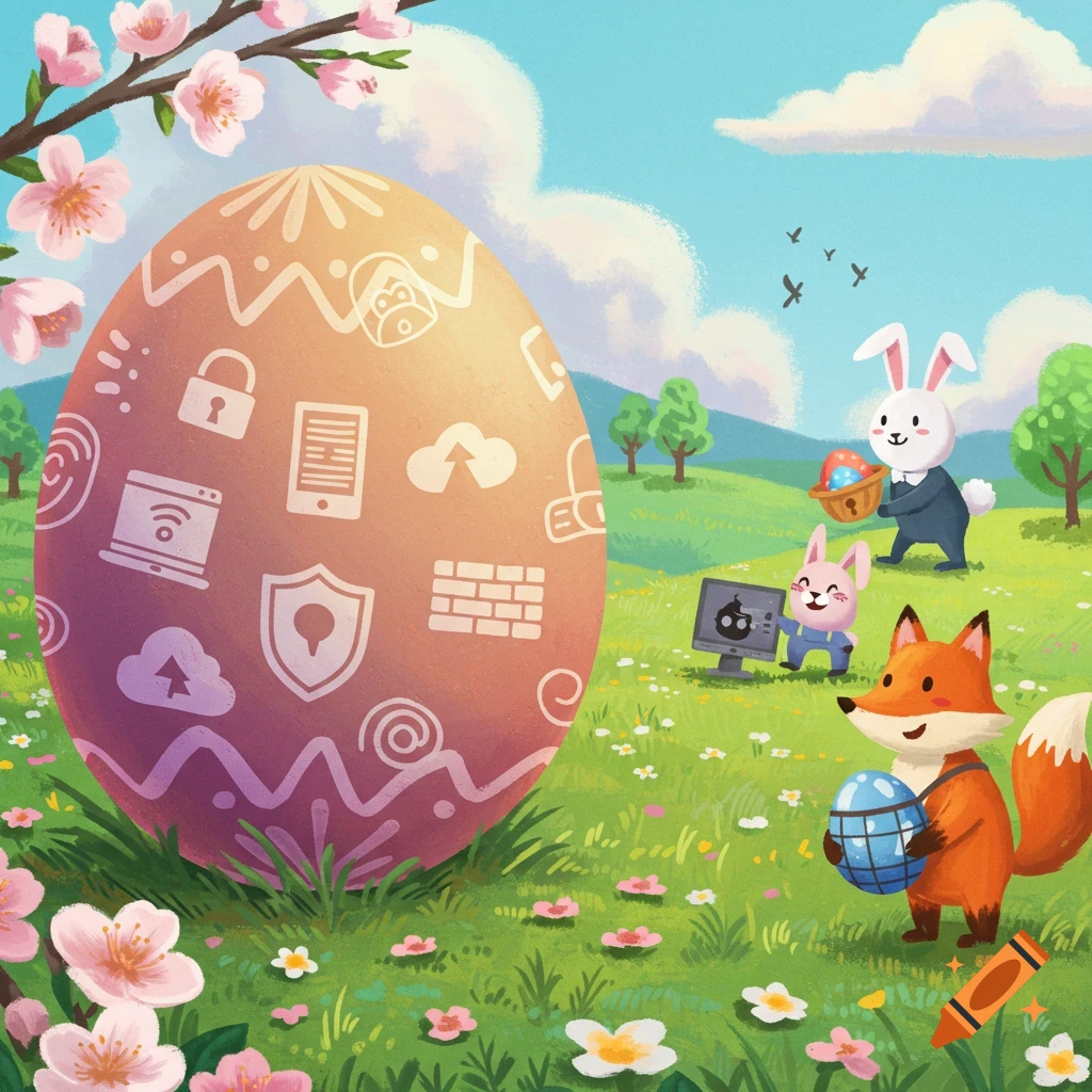 Easter bunnies and a fox with a giant egg covered in cybersecurity ...