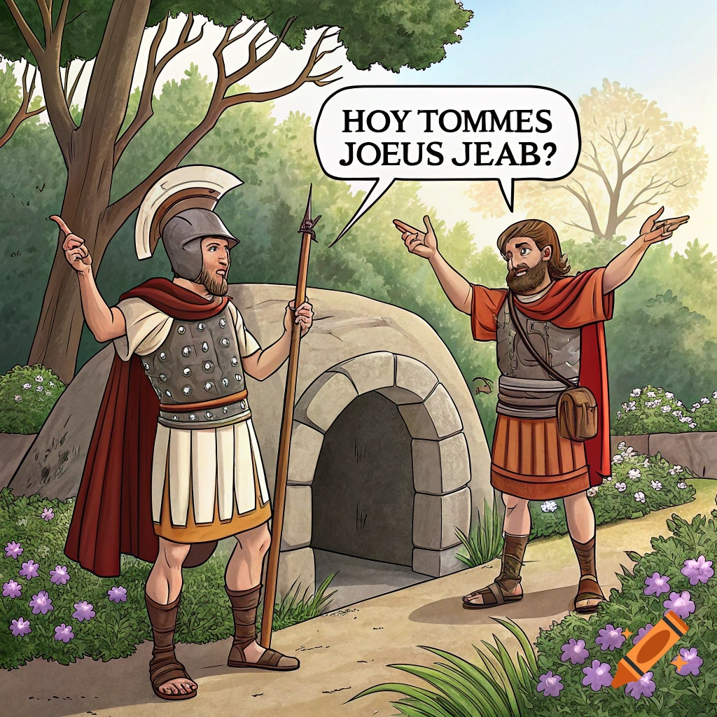 Roman soldiers pointing at empty tomb of Jesus, meme style on Craiyon