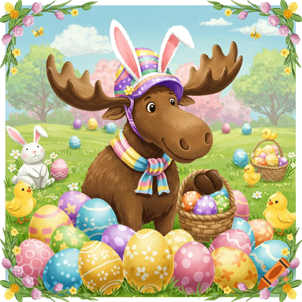 A cartoon moose wearing bunny ears and a colorful scarf sits among ...