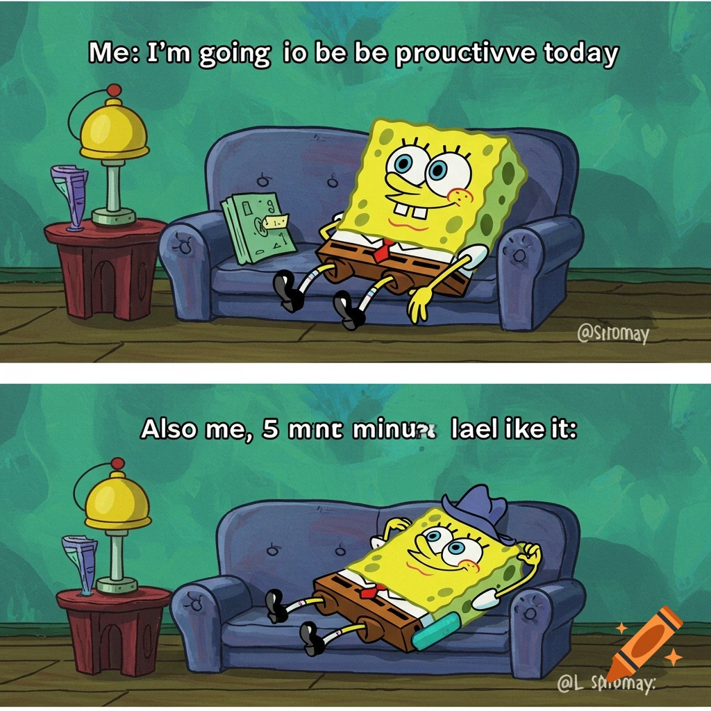 SpongeBob meme about procrastination on Craiyon